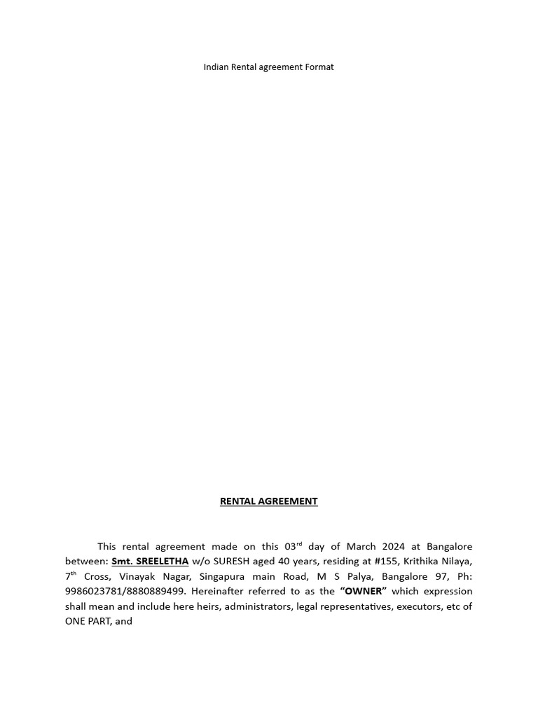 New Indian Rent Agreement Format | PDF | Leasehold Estate | Renting