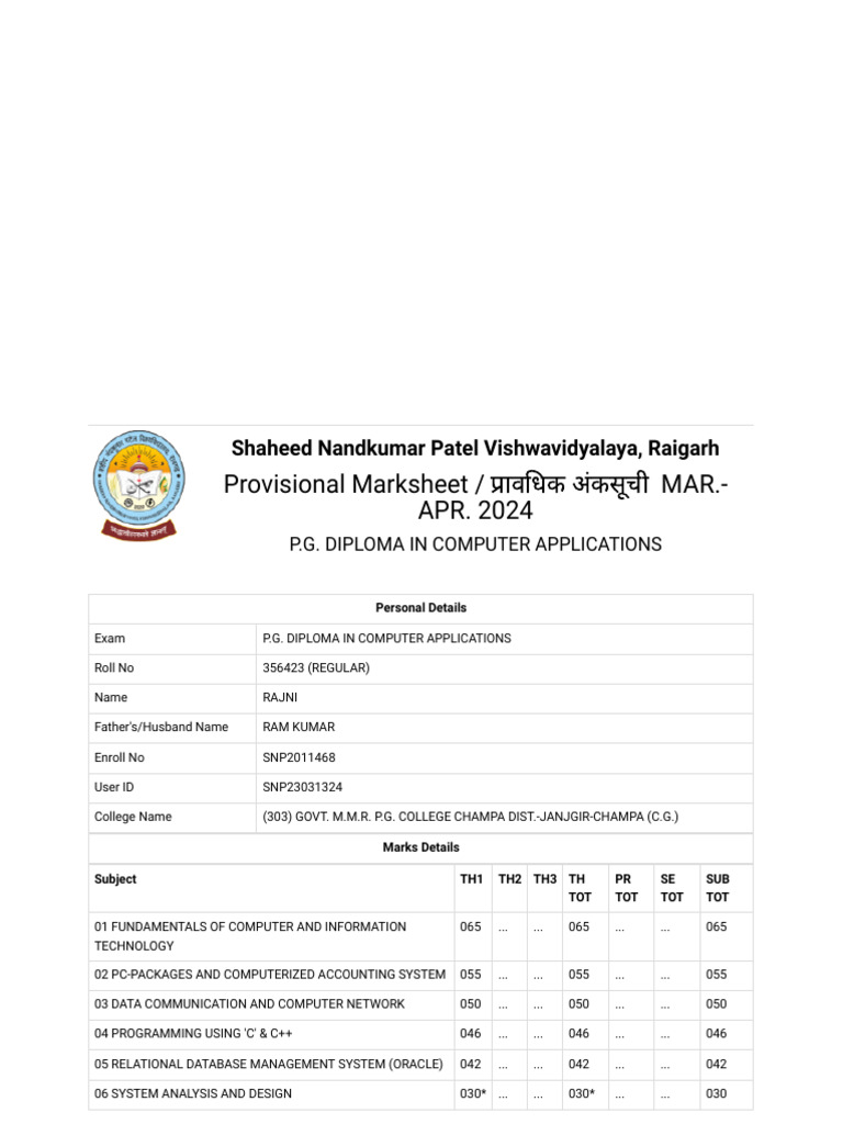 OnlineResult - in - Shaheed Nandkumar Patel Vishwavidyalaya, Raigarh | PDF