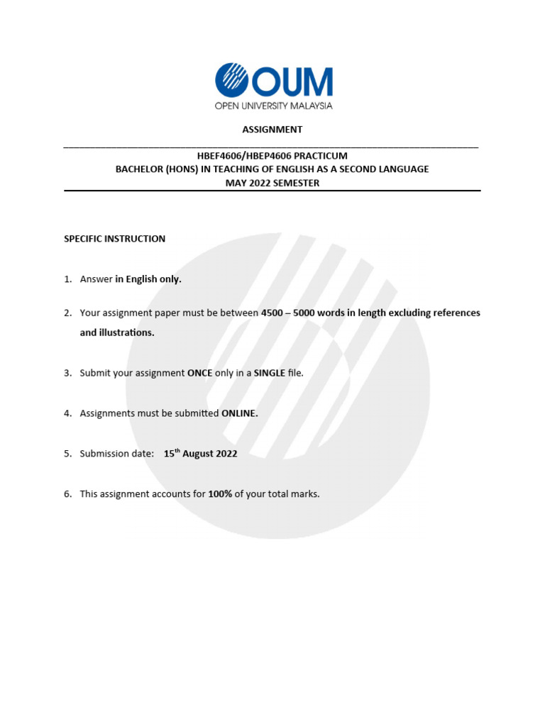 Assignment HBEF4606/HBEP4606 PRACTICUM Bachelor (Hons) in Teaching of English As A Second ...