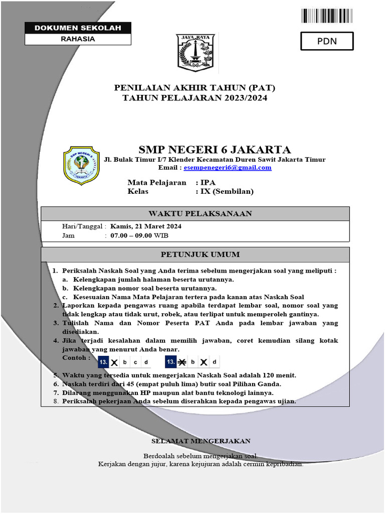 SAMPUL SOAL PAT Kls 9 2023 - 2024-4maret24 | PDF