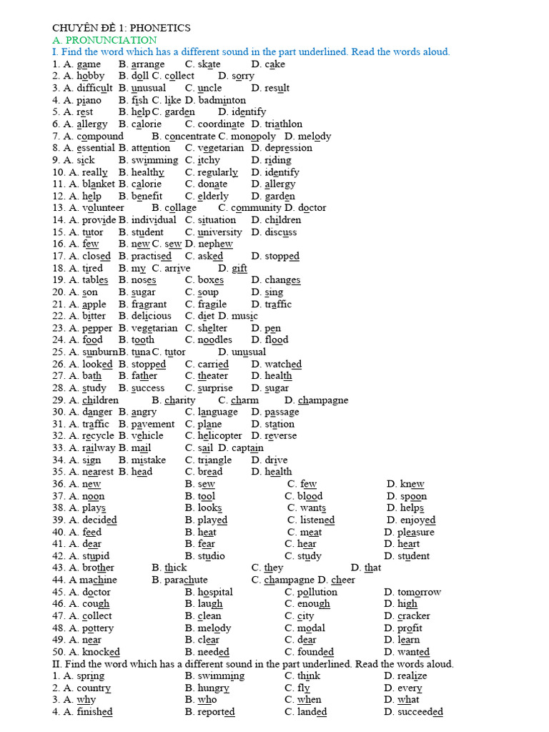 E7 CHUYÊN ĐỀ 1-PHONETICS (PRONUNCIATION - STRESS) | PDF | Art