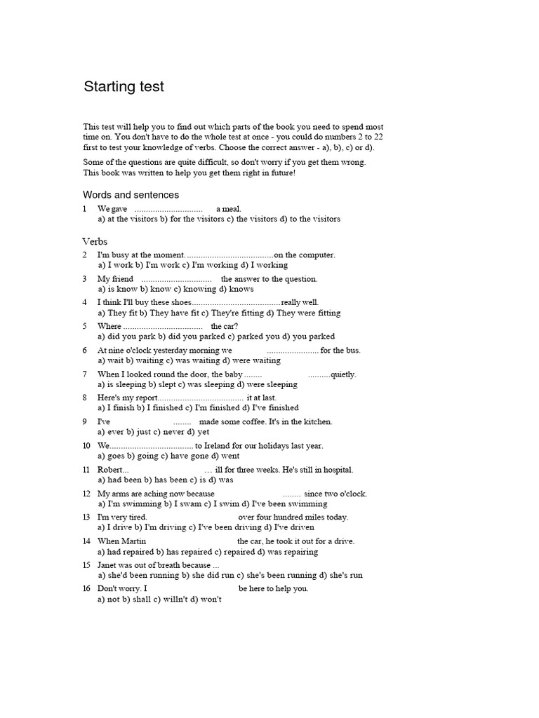 English Grammar Test for Verbs | PDF | Linguistics | Grammar