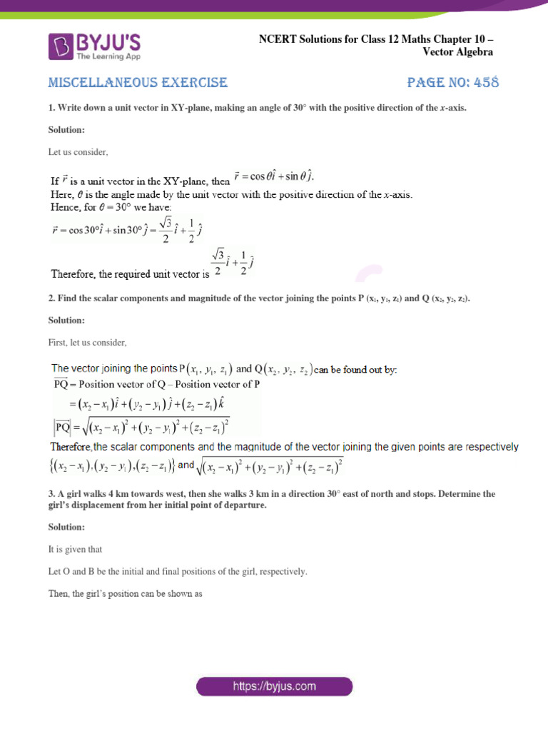 NCERT Solutions For Class 12 Maths Chapter 10 Vector Algebra Miscellaneous Exercise | PDF ...
