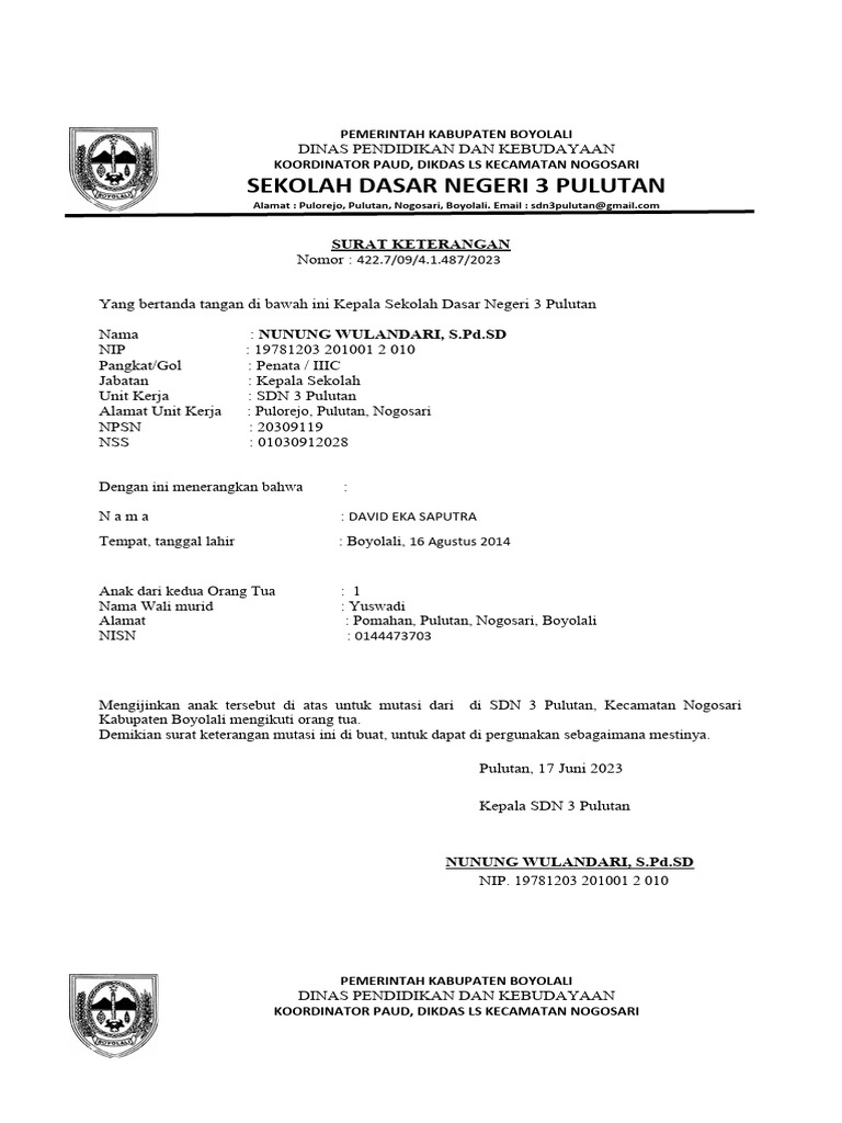 Surat Keterangan Mutasi | PDF