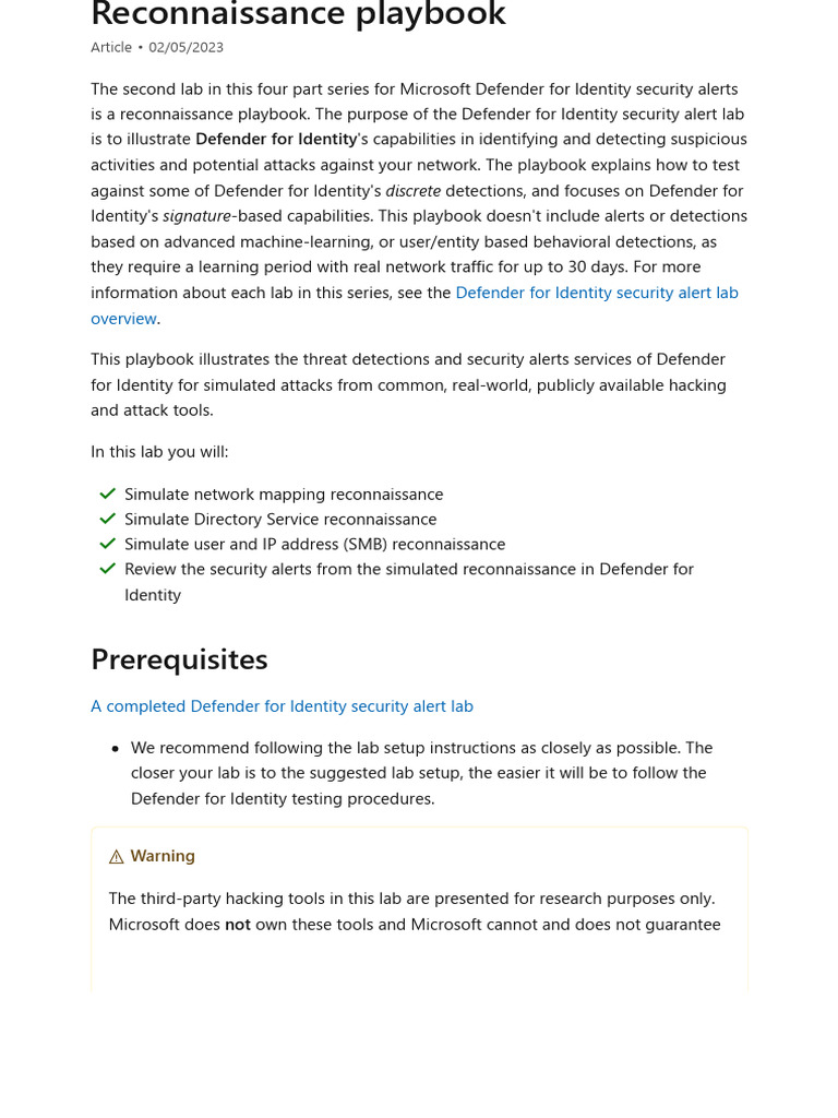 Reconnaissance Playbook - Microsoft Defender For Identity - Microsoft Learn | PDF | Domain Name ...