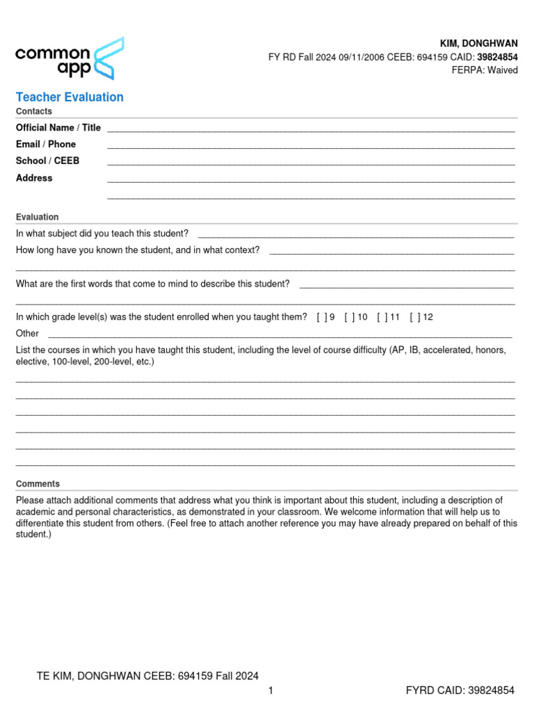 Common App Univ Recommendation Letter | PDF | Learning | Cognition
