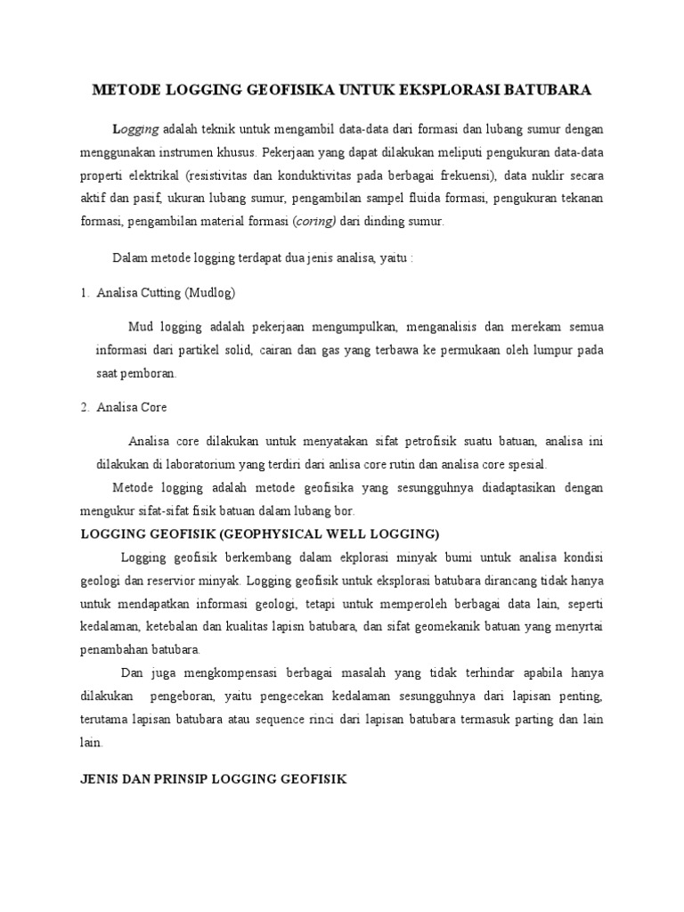 Metode Logging Geofisika Untuk Eksplorasi Batubara | PDF