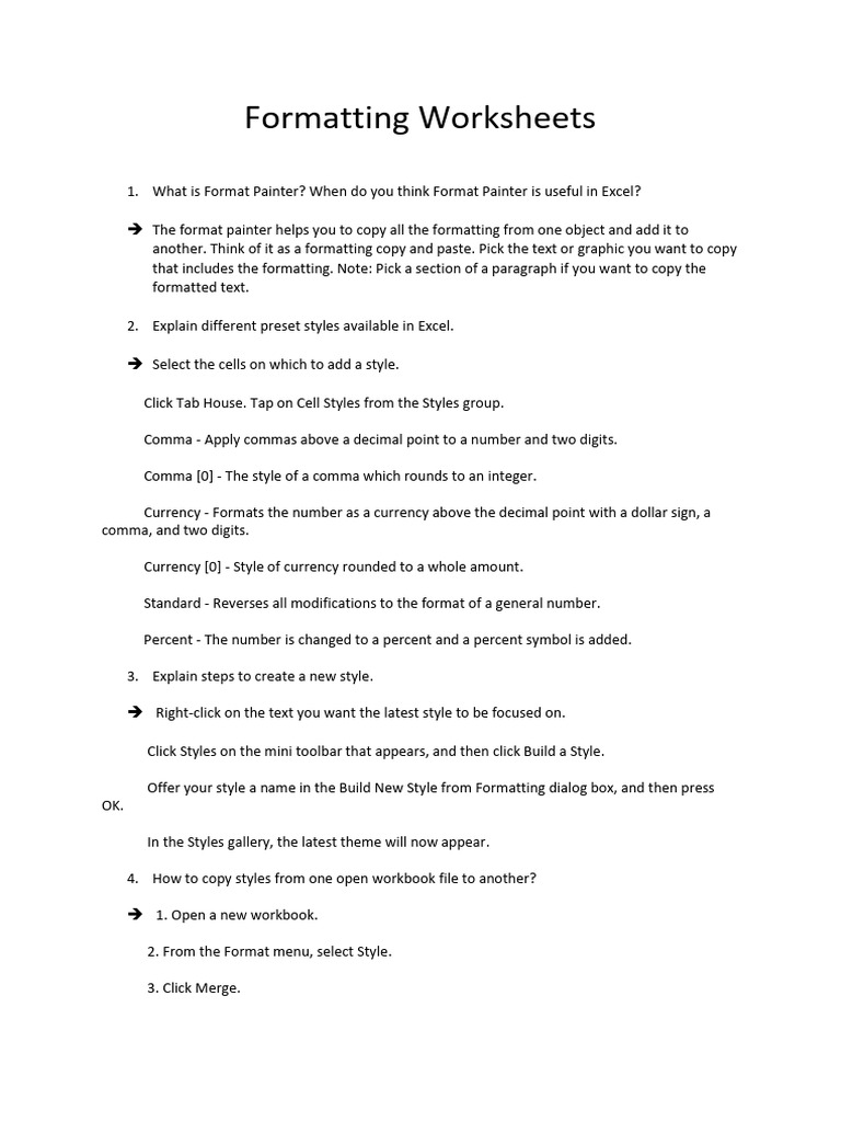 Excel Formatting Worksheet Guide | PDF | Microsoft Excel | Cursor (User ...