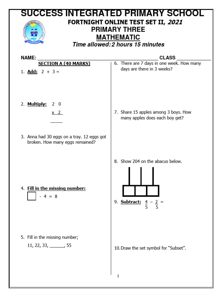 Primary Three Math Test 2021 | PDF | Mathematics | Arithmetic