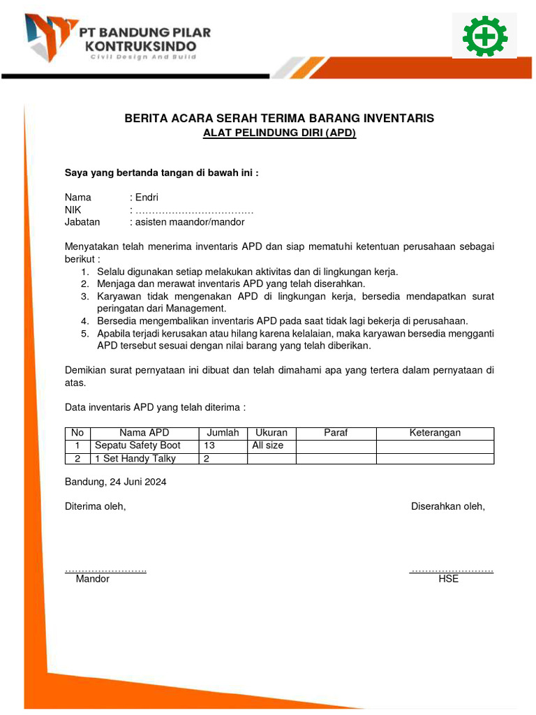 FORM BERITA ACARA SERAH TERIMA APD Endri | PDF