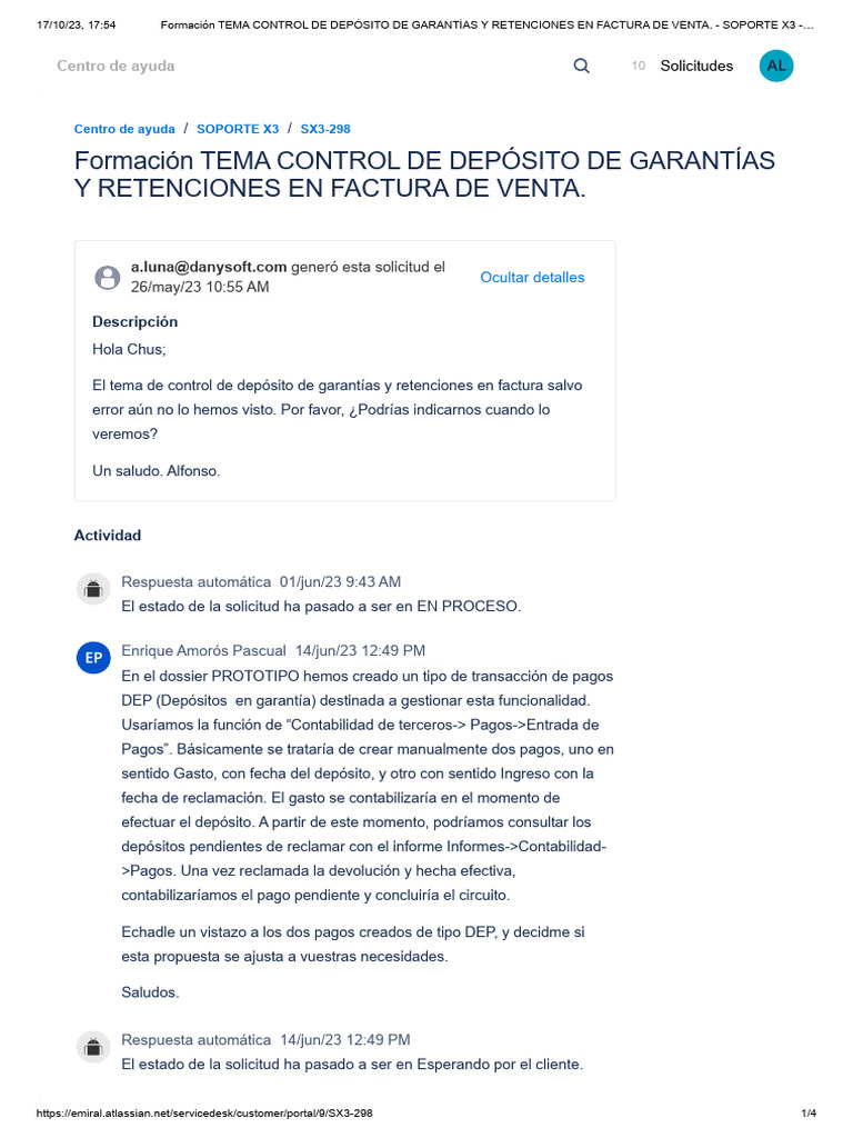 Formación TEMA CONTROL DE DEPÓSITO DE GARANTÍAS Y RETENCIONES EN FACTURA DE VENTA. - SOPORTE X3 ...