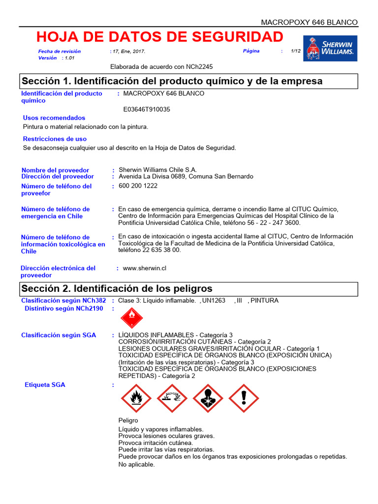 Hoja de Seguridad MACROPOXY 646 BLANCO | PDF | Residuos | Contaminación