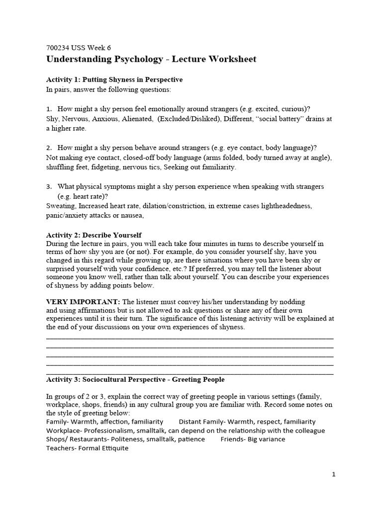 USS Week 6 Lecture Worksheet T1.2021 | PDF | Shyness | Anxiety