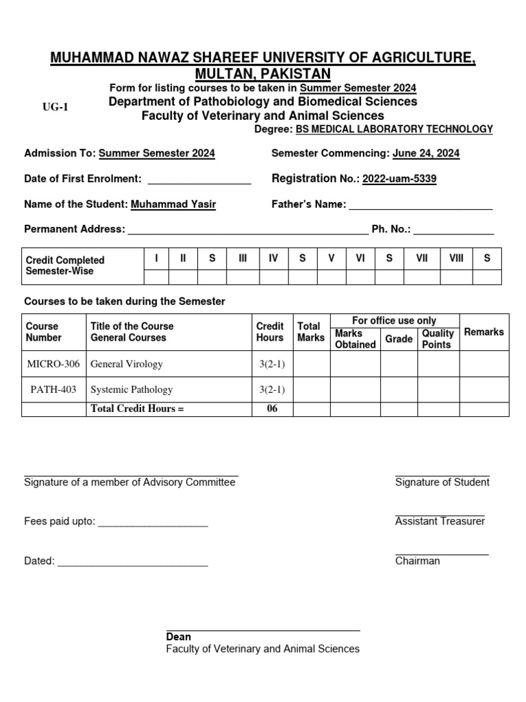 UG Form MLT-Summer Semester | PDF | Pathology | Course Credit