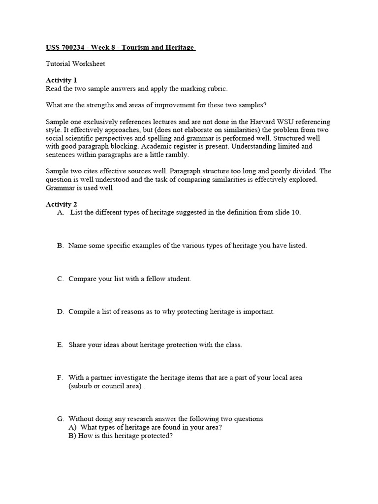 Week 8 Tourism and Heritage Worksheet | PDF | Tourism | Cognition