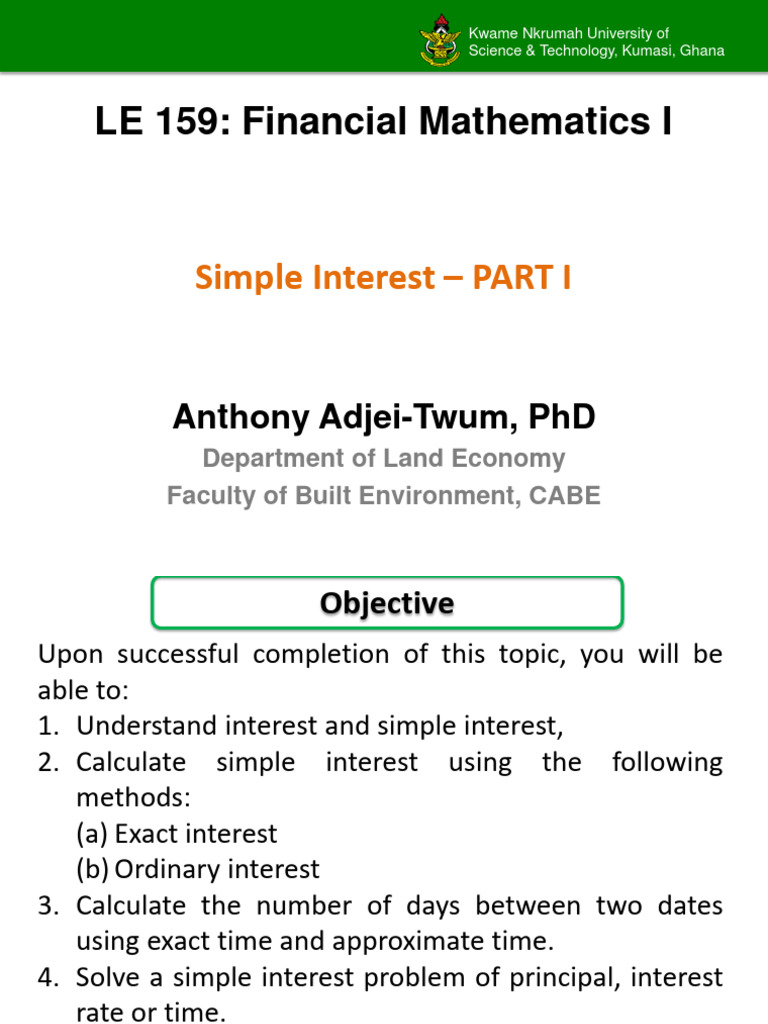 Le 159 - Financial Mathematics 1 - Simple Interest Part I | PDF | Interest | Discounting