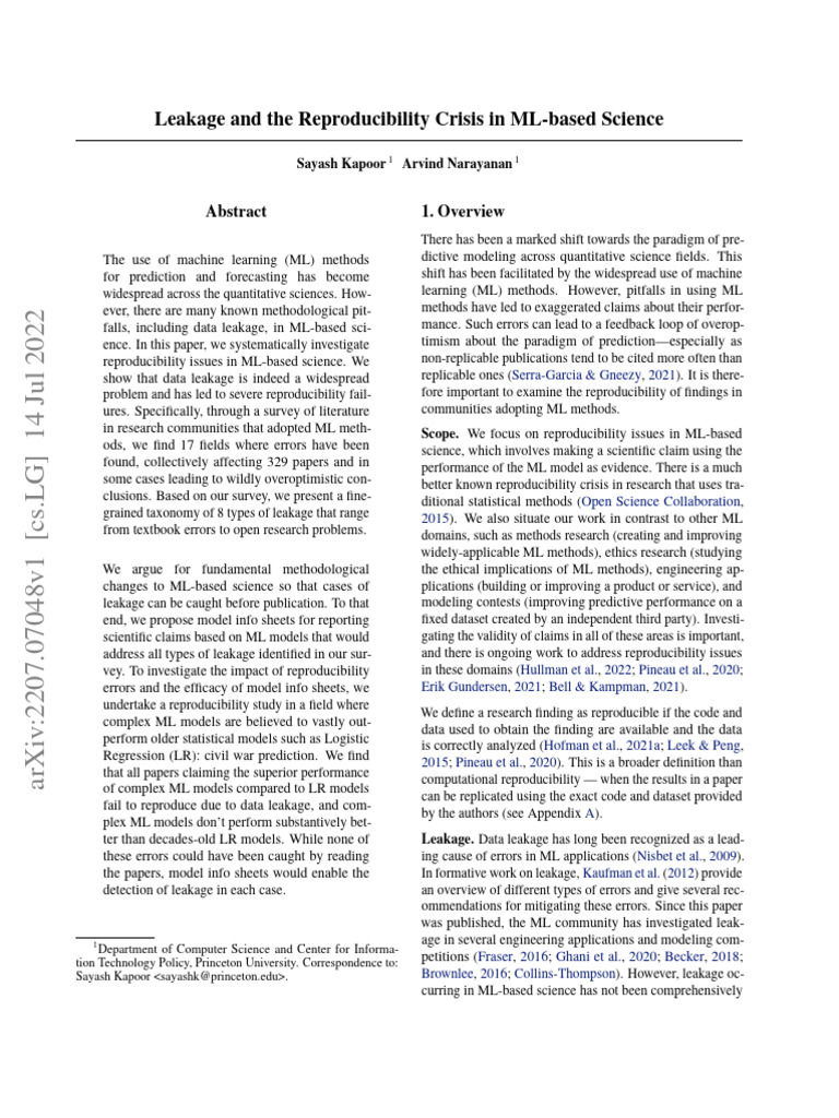 Leakage and The Reproducibility Crisis in ML-based Science: 1. Overview ...