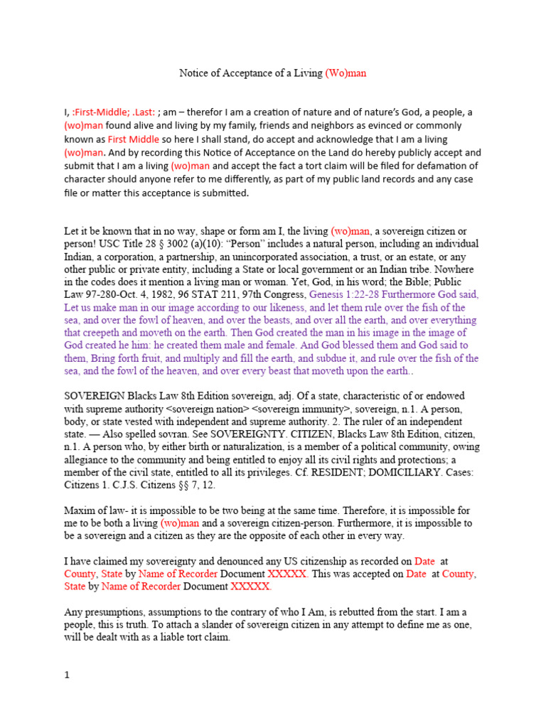 Acceptance of Living (Wo)Man Notice | PDF | Citizenship | Common Law
