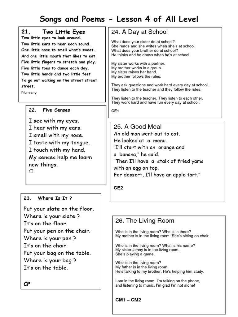 Lesson 4 Songs and Poems 2020-2021 | PDF