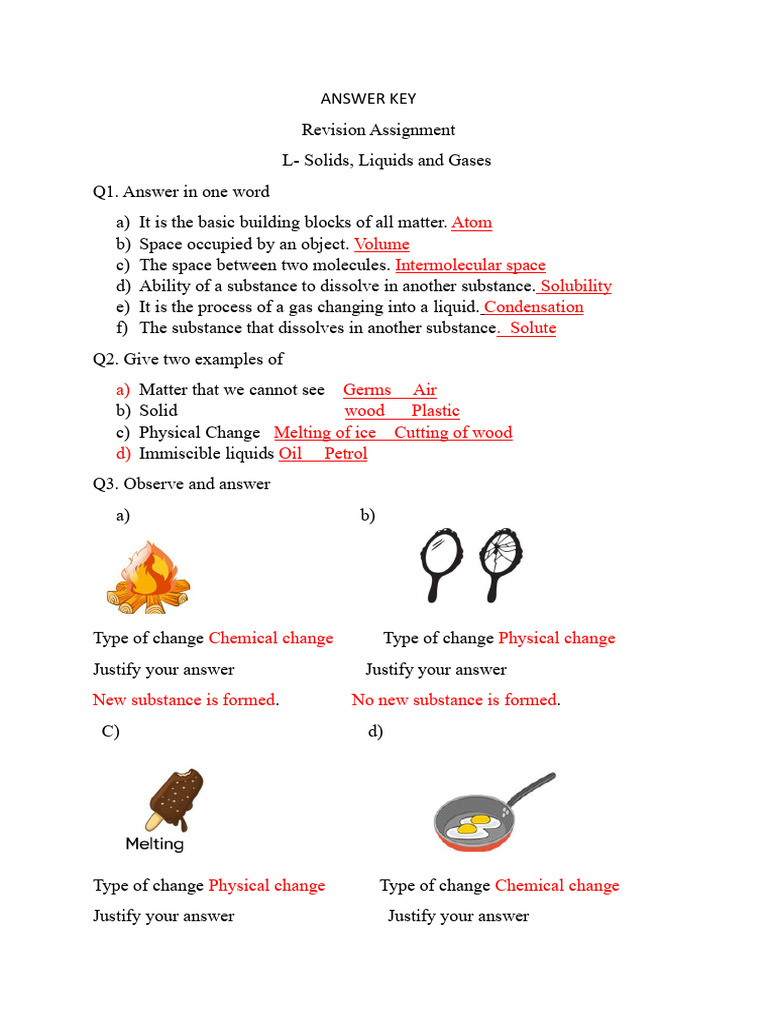 Answer Key Revision Assignment Solids, Liquids and Gases 2024 Class V ...