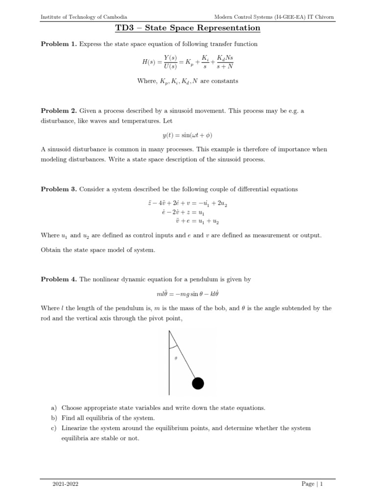 TD3 - State Space Representation | PDF | Equations | Mathematical Physics