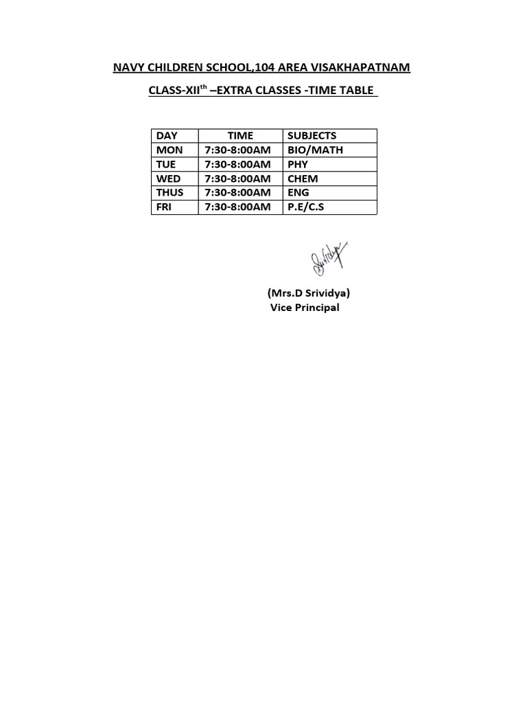 Extra Classes Time Table-XII | PDF