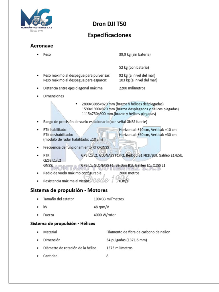 Ficha Técnica del Dron DJI Agras T50 | PDF | Fuente de alimentación | Tanques