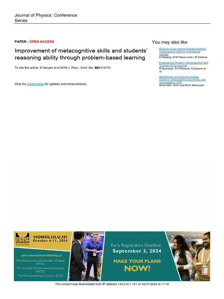 Improvement of Metacognitive Skills and Students' Reasoning Ability Through Problem-based ...