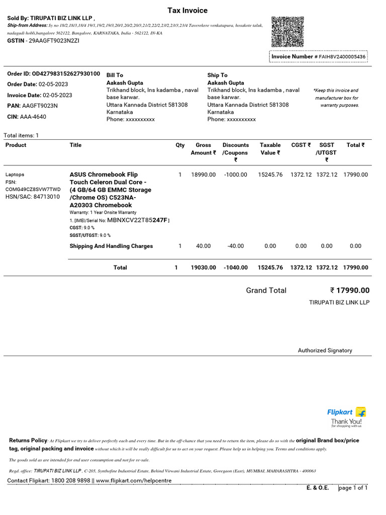 ASUS Laptop Original Invoice | PDF | Chromebook