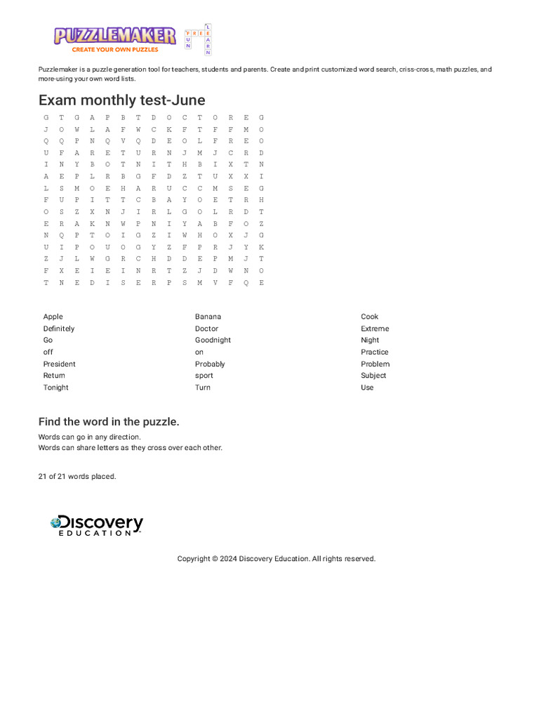 Word Search Puzzle - Discovery Education Puzzlemaker | PDF