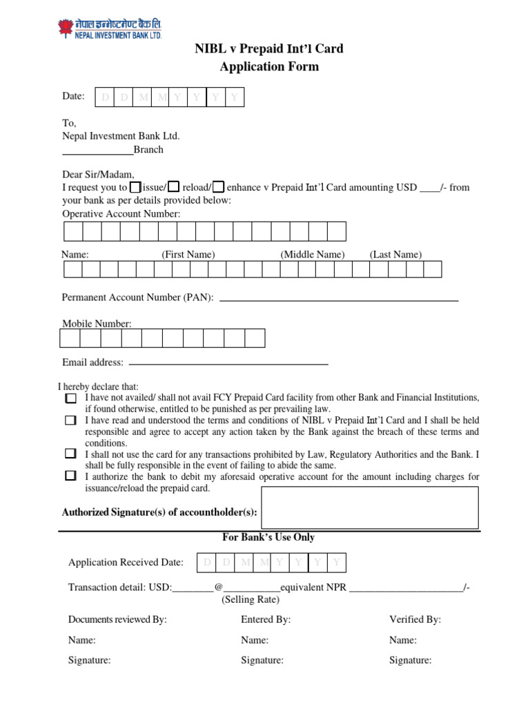 NIBL Prepaid Card Application Form | PDF | Debit Card | Banks