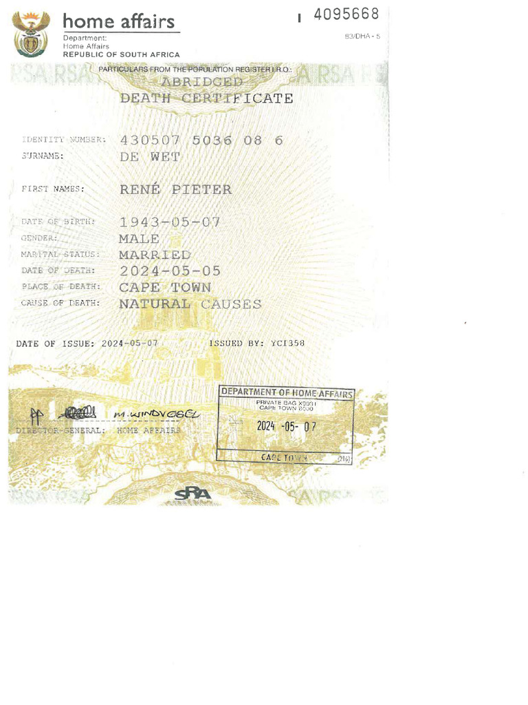 SA Rene de Wet - Death Certificate | PDF