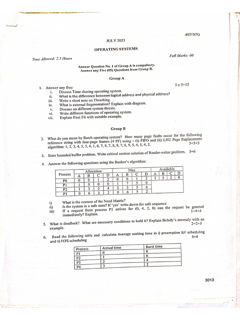 Operating System Previous Year Question | PDF