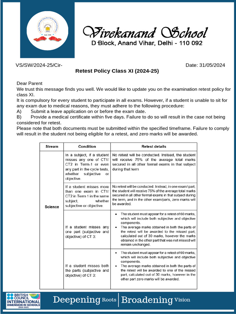 Retest Policy Class XI (2024-25) | PDF