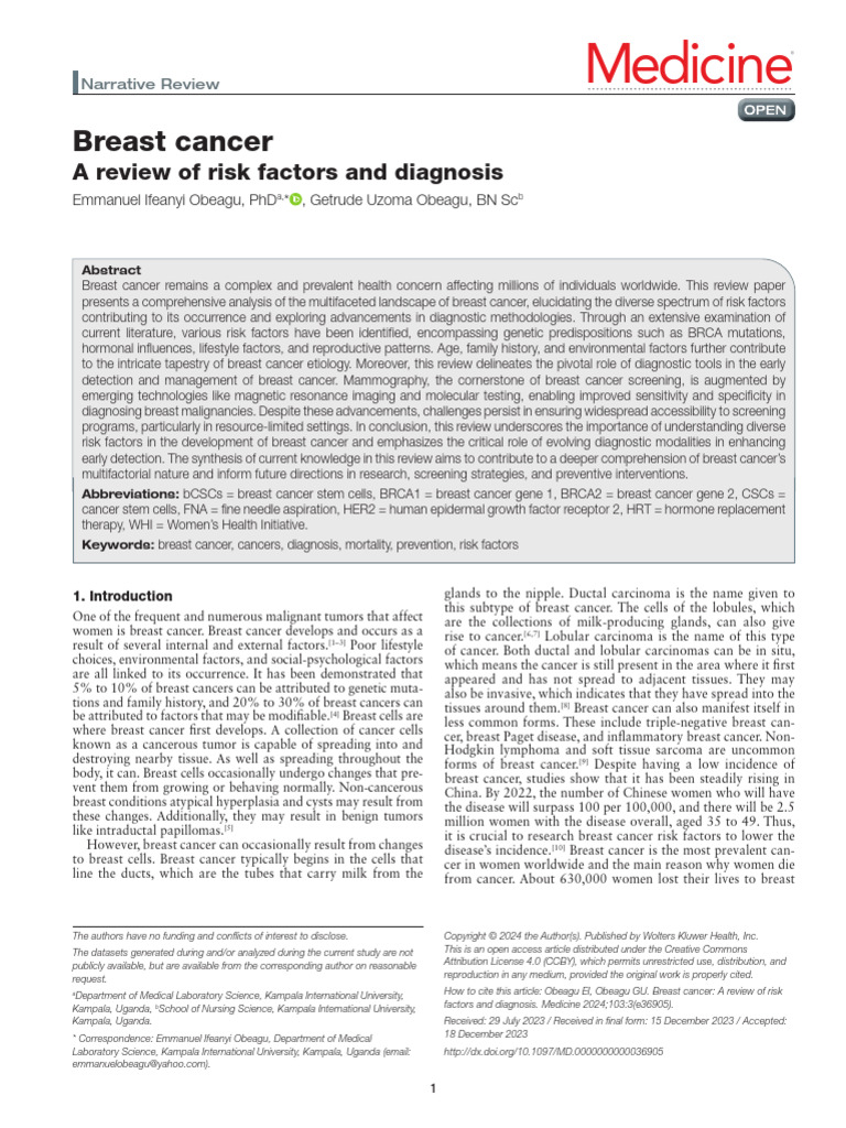 Breast Cancer. A Review of Risk Factors and Diagnosis | PDF | Breast ...