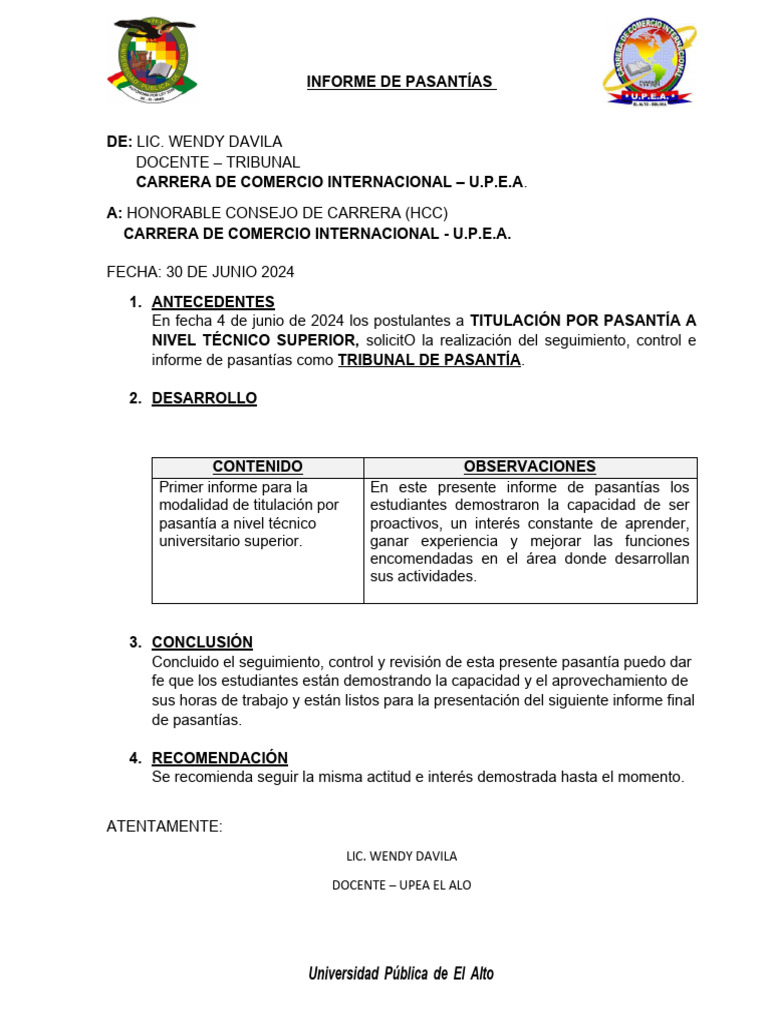 Informe de Pasantias Upea | PDF