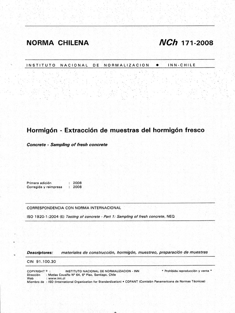 NCH 171-2008. Hormigón - Extracción de Muestras de Hormigón Fresco | PDF