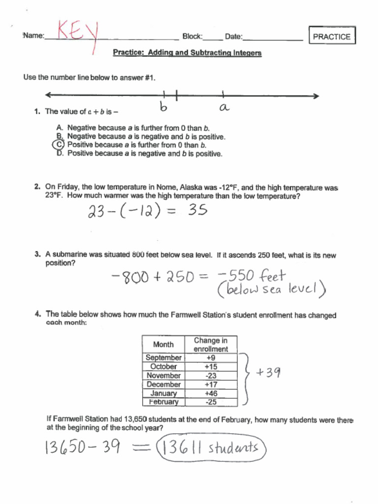 KEY - Practice Adding and Sub Integers | PDF