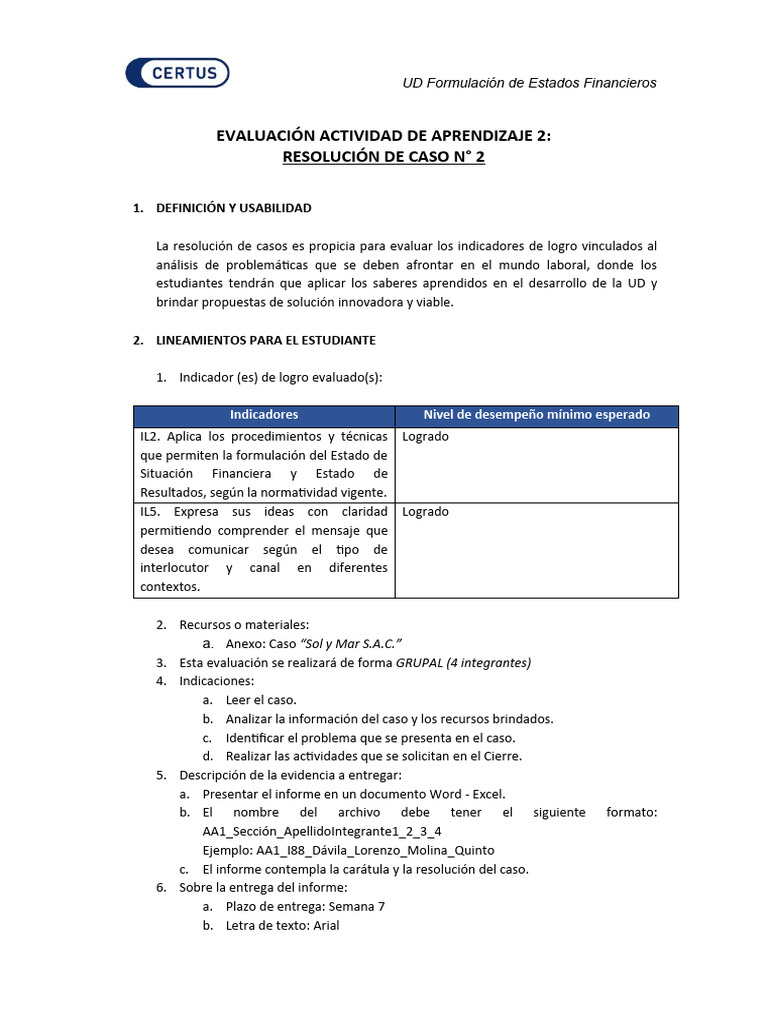 Lineamientos de Evaluación AA2 (Caso) | PDF | Estado de resultados | Contabilidad