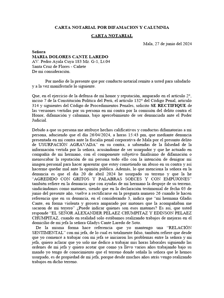 Carta Notarial Por Difamacion y Calumnia Alexander y Edison | PDF ...