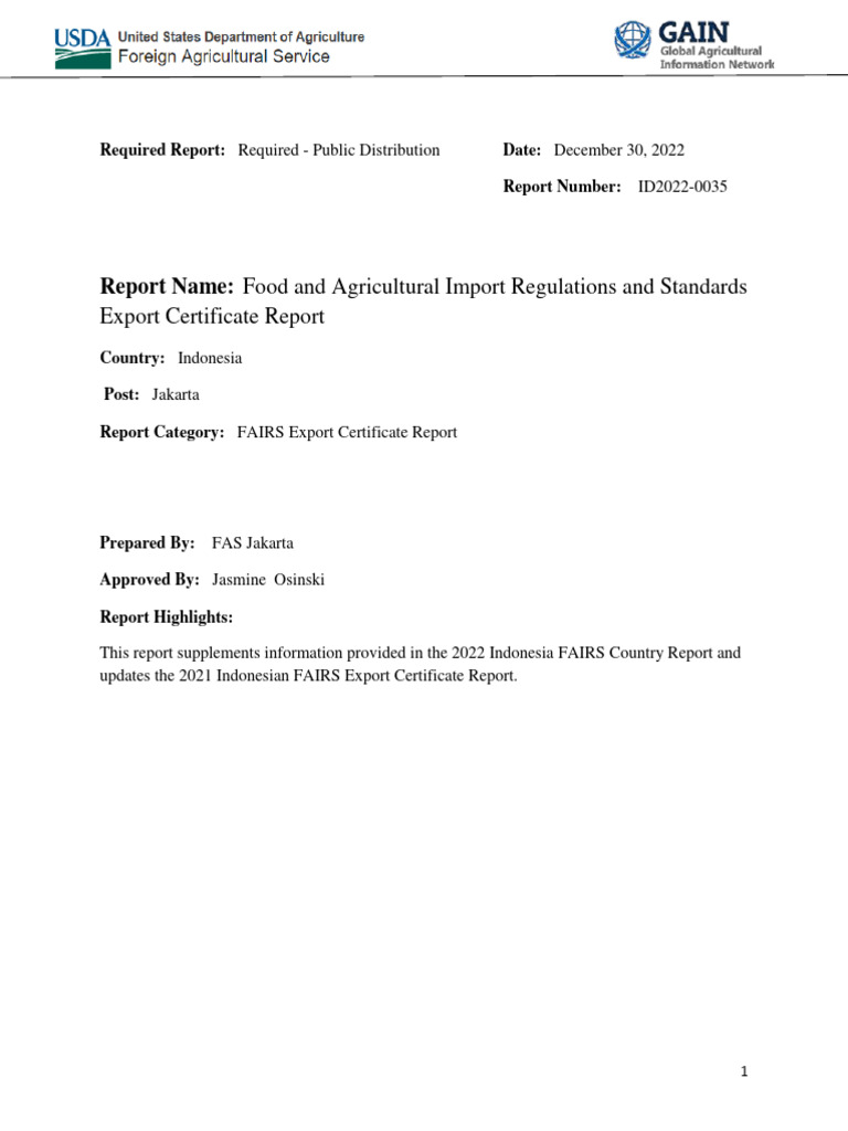 Food and Agricultural Import Regulations and Standards Export Certificate Report - Jakarta ...