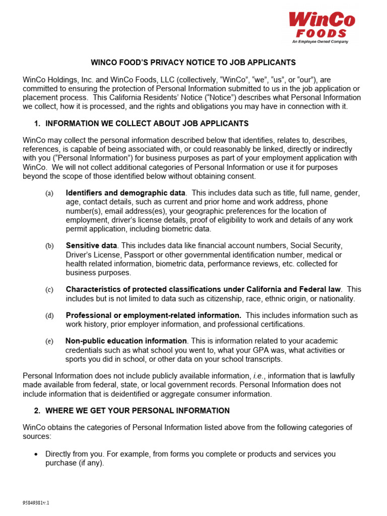 WinCo Job Applicant Privacy Notice | PDF | Information | Business