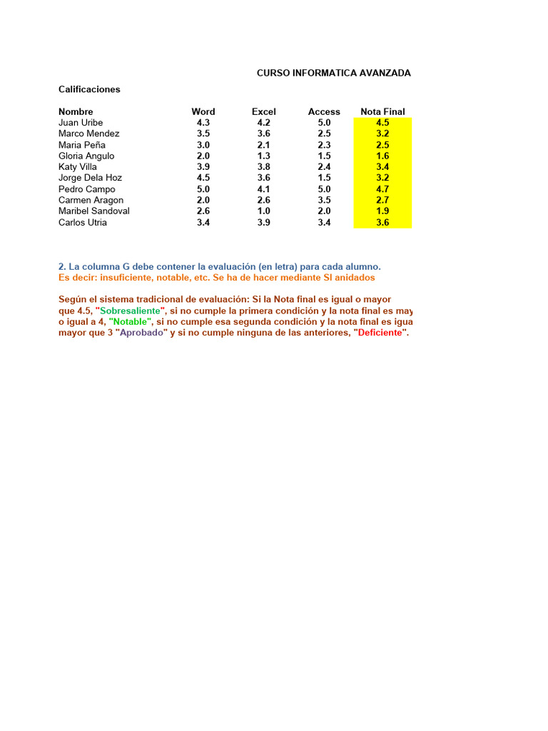 Ejercicio Funcion SI Anidada | PDF