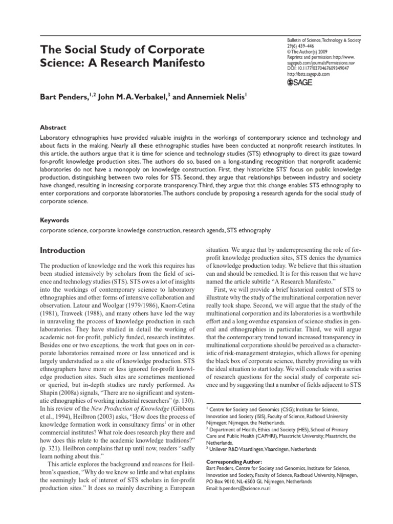 Penders Et Al 2009 The Social Study of Corporate Science A Research ...