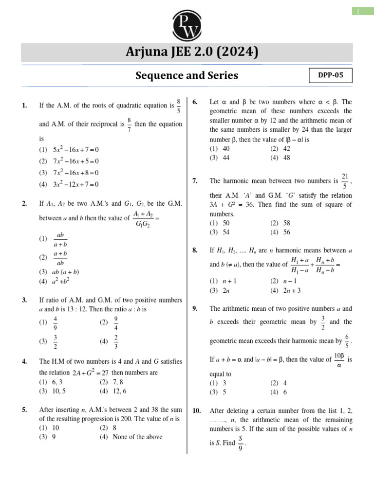 Sequence and Series - DPP 05 (Of Lec 06) - Arjuna JEE 2.0 2024 | PDF