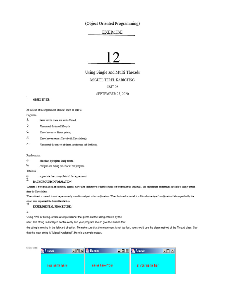 Lab Exp 12 Threads Kabigting Pdf Method Computer Programming Object Oriented