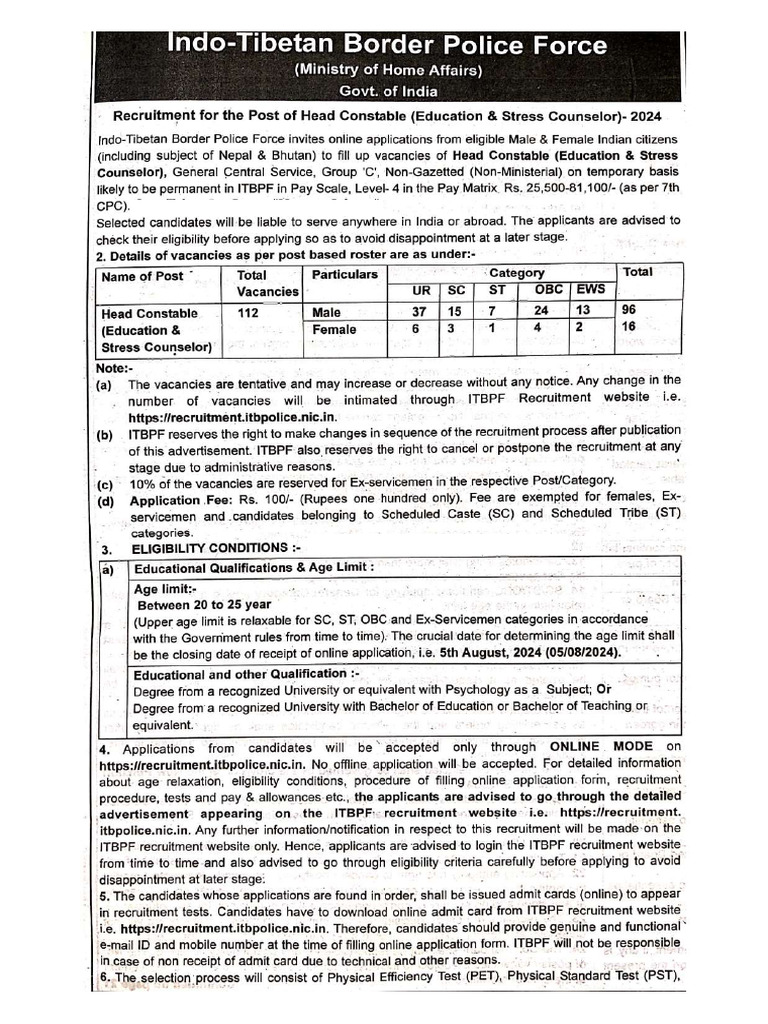 Short Notification ITBP Head Constable Posts | PDF