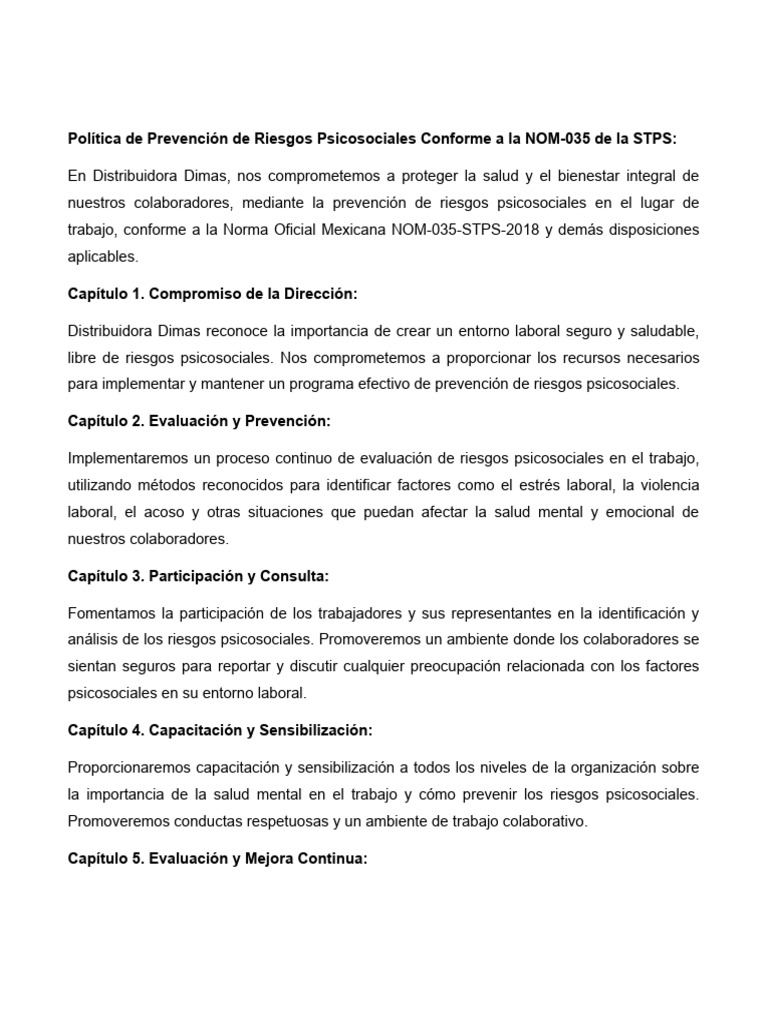 Política de Prevención de Riesgos Psicosociales Conforme A La NOM-035 ... Política de Prevención de Riesgos Psicosociales Conforme A La NOM-035 ...