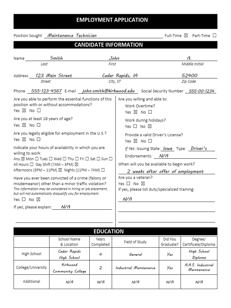 Job Applications Worksheet Sample Access | PDF | Felony | Employment