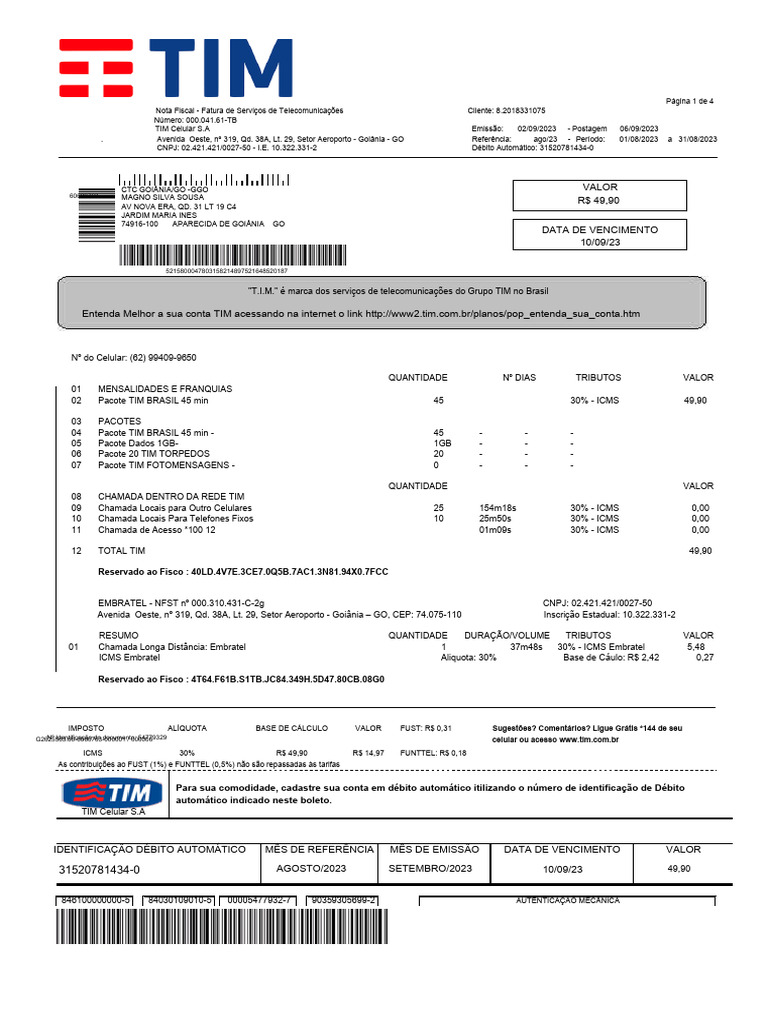 Comprovante TIM NOVO | PDF | Impostos | Indústrias de serviços